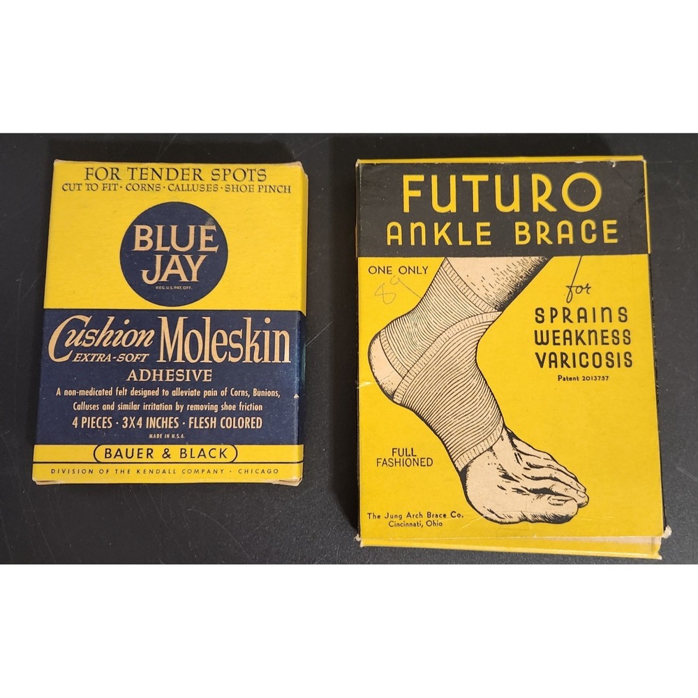 Vintage 1930's Futuro Leg Braces Box & Blue Jay Bauer… - Gem